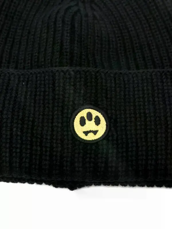 BARROW Cotton Ribbed Knit Beanie With Smiley Patch - Black