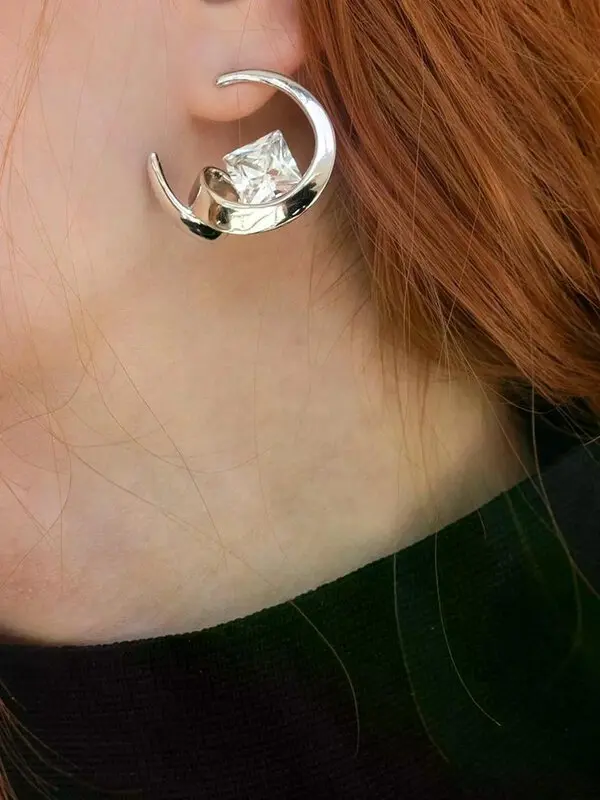 OBSIDIAN Tone Arc Earrings With Square Detail