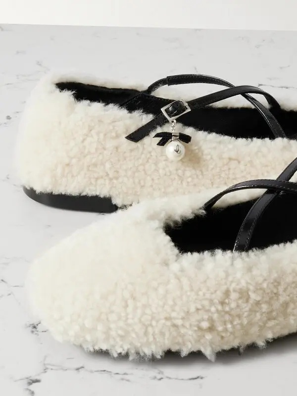 JIMMY CHOO Eleri Shearling Ballet Flats With Patent Crossover Straps And Faux Pearl Charms - Neutrals