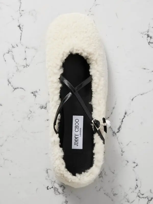 JIMMY CHOO Eleri Shearling Ballet Flats With Patent Crossover Straps And Faux Pearl Charms - Neutrals