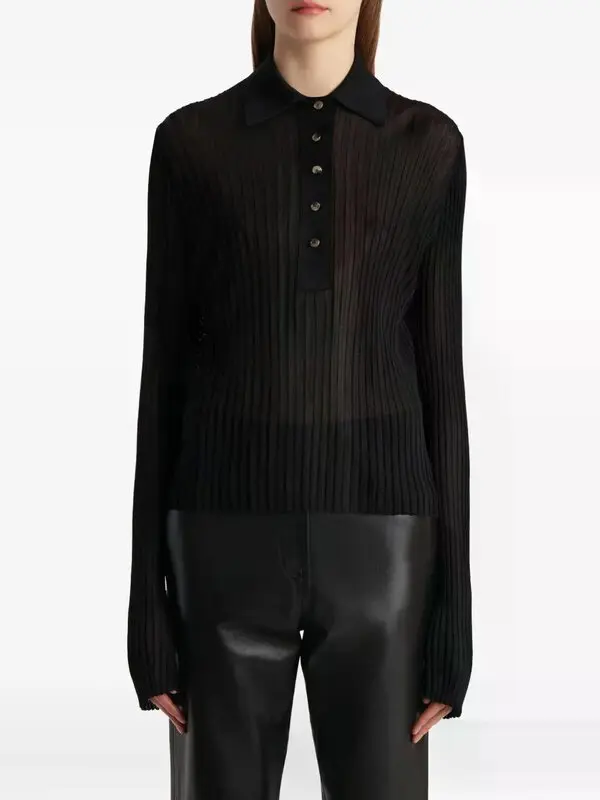 Khaite Ribbed Knit Long Sleeve Polo Top - Black