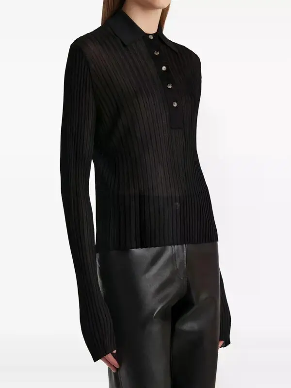 Khaite Ribbed Knit Long Sleeve Polo Top - Black