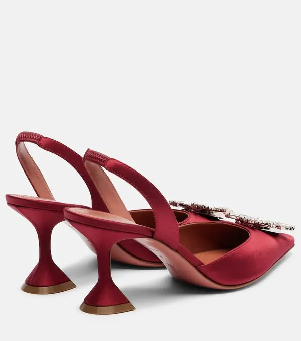 Amina Muaddi Embellished Satin Slingback Pumps - Red
