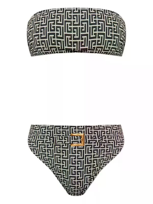Balmain Geometric Print Belted Bikini - Black