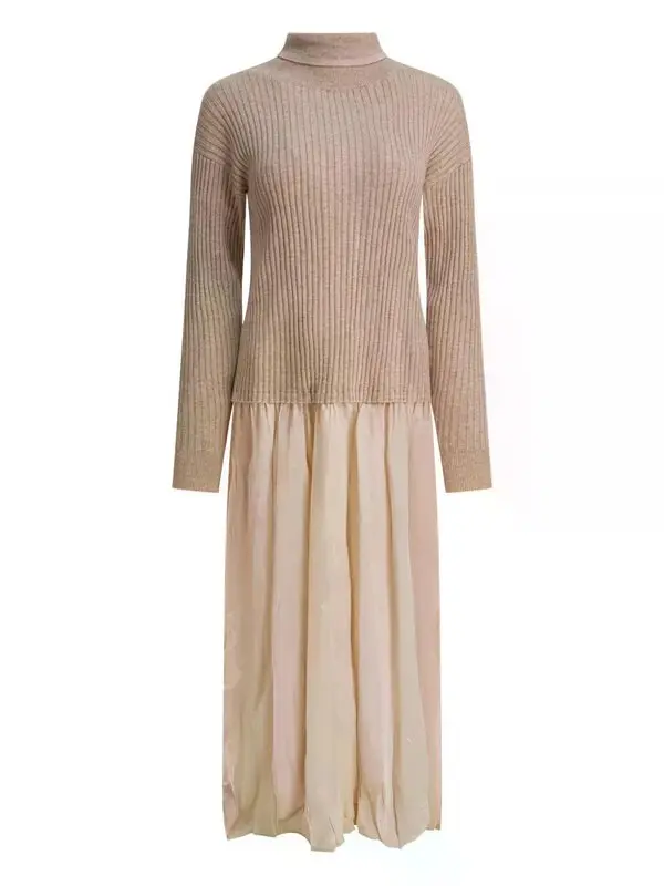 Max & Moi Ribbed Knit Roll Neck Dress With Gathered Skirt - Neutrals