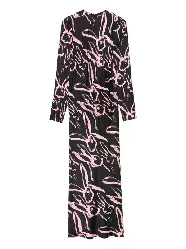 MSGM Rabbit-print Long-sleeve A-line Dress - Black