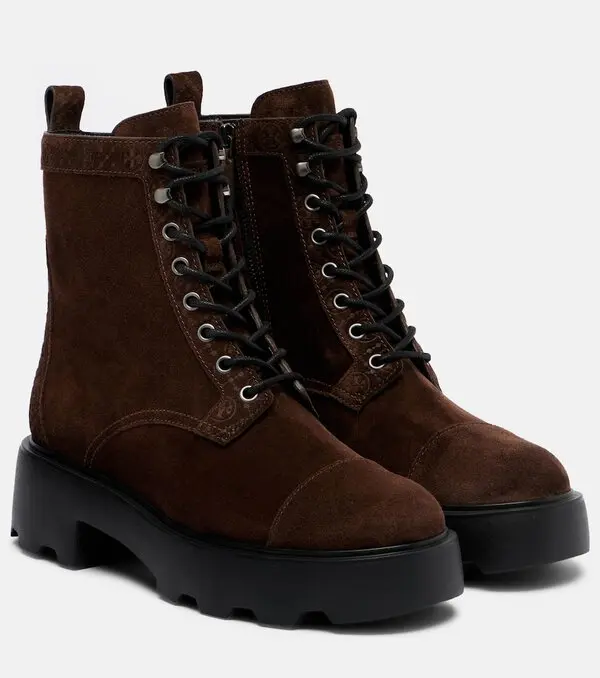 Tory Burch T Monogram Suede Combat Boots - Brown