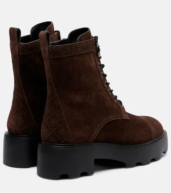 Tory Burch T Monogram Suede Combat Boots - Brown