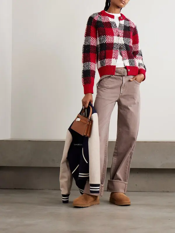 Guest In Residence Checked Wool-blend Cardigan - Red