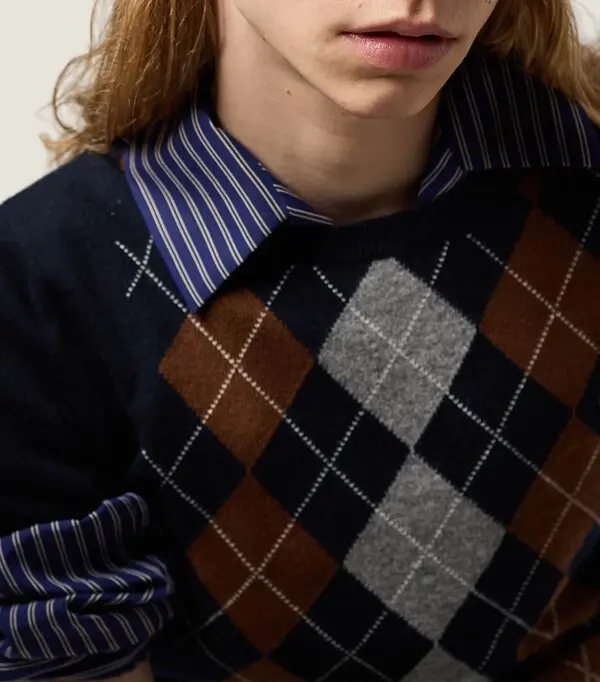 Miu Miu Cashmere Argyle Short-sleeve Sweater