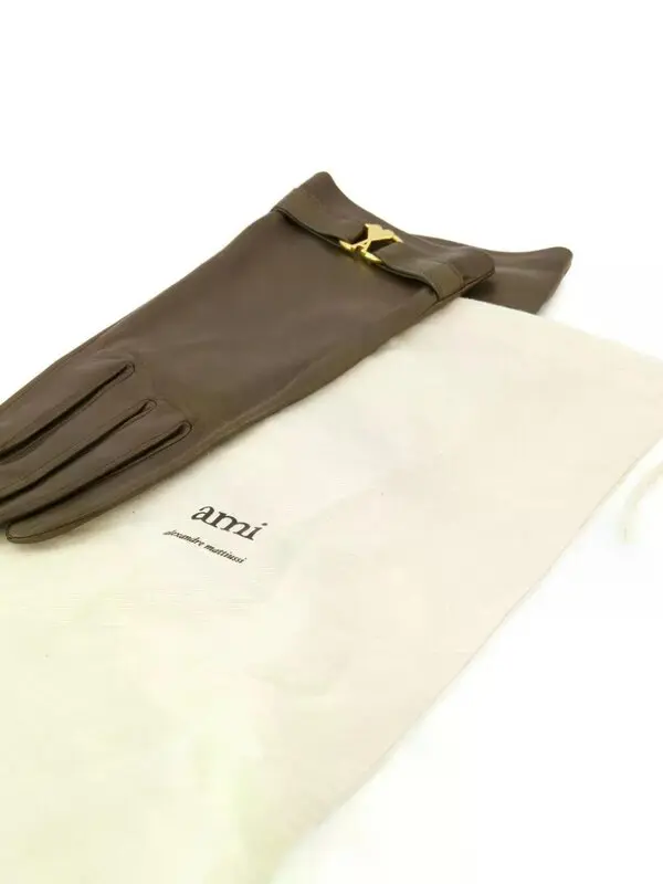 AMI Paris De Coeur Leather Gloves - Brown