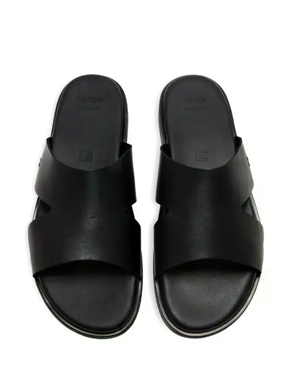 FORSA Leather Slip-on Slides With Embossed Detailing - Black