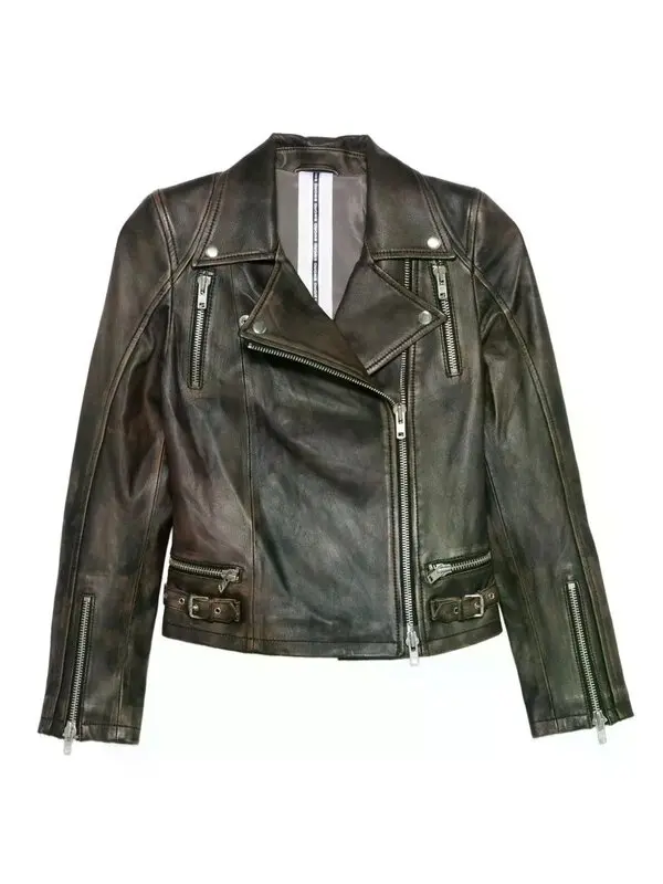 SWORD 6644 Zip-up Leather Jacket With Notched Lapels - Black