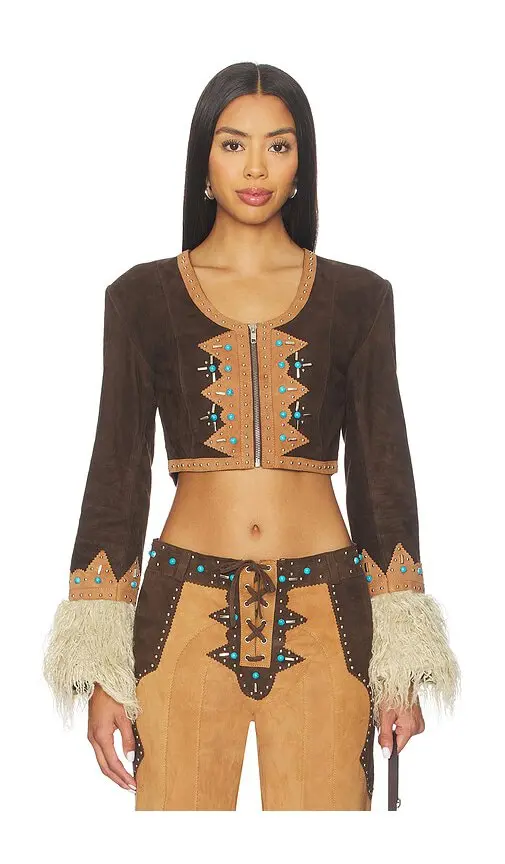 UNDERSTATED LEATHER X Revolve Cropped Jacket With Studs And Faux Fur Trim - Brown