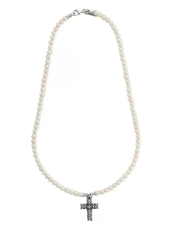 Emanuele Bicocchi Notre Dame Pearl Necklace With Cross Pendant - Silver