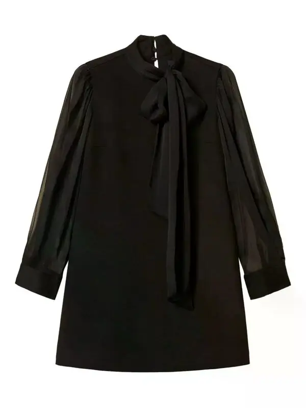 TWINSET Sheer Sleeve Bow Neck Mini Dress - Black