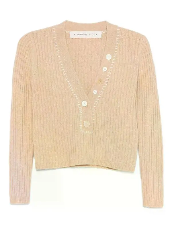 A TENTATIVE ATELIER Cropped Button-fastening V-neck Jumper - Neutrals