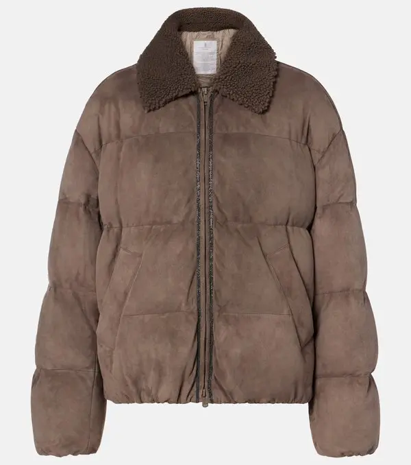 Brunello Cucinelli Suede Down Jacket With Shearling Trim - Brown