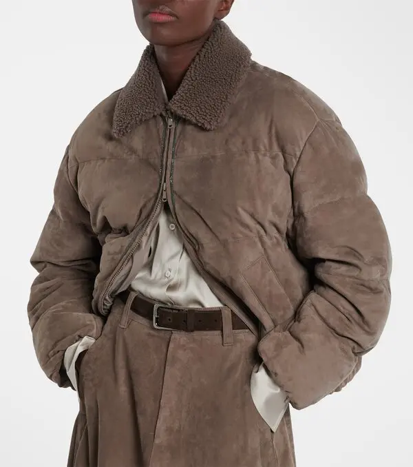 Brunello Cucinelli Suede Down Jacket With Shearling Trim