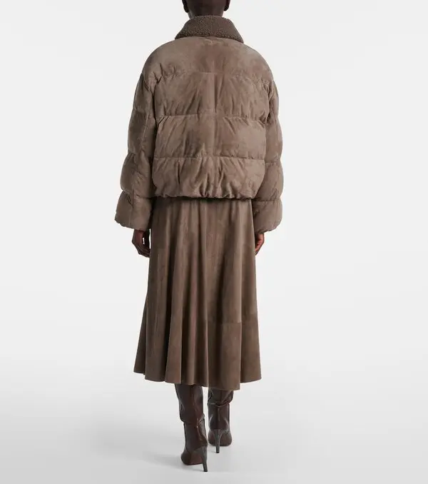 Brunello Cucinelli Suede Down Jacket With Shearling Trim