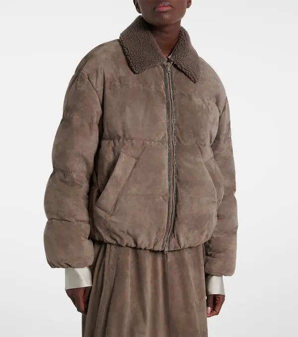 Brunello Cucinelli Suede Down Jacket With Shearling Trim