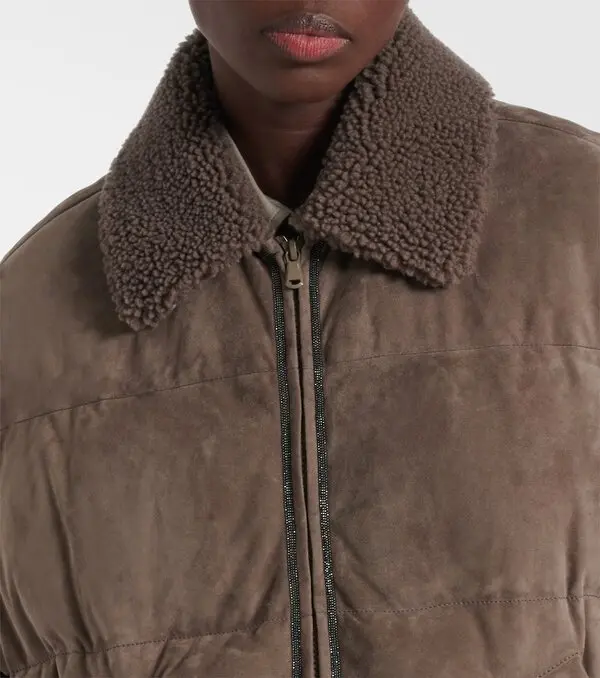 Brunello Cucinelli Suede Down Jacket With Shearling Trim