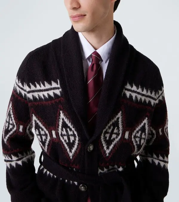 Brunello Cucinelli Jacquard Wool, Silk, And Cashmere Shawl Collar Cardigan