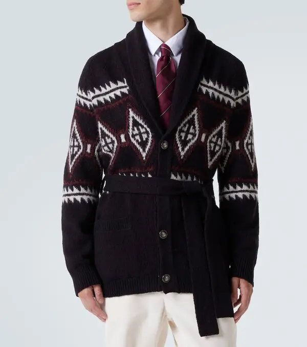 Brunello Cucinelli Jacquard Wool, Silk, And Cashmere Shawl Collar Cardigan