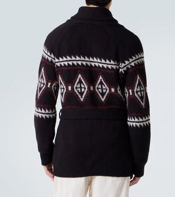 Brunello Cucinelli Jacquard Wool, Silk, And Cashmere Shawl Collar Cardigan