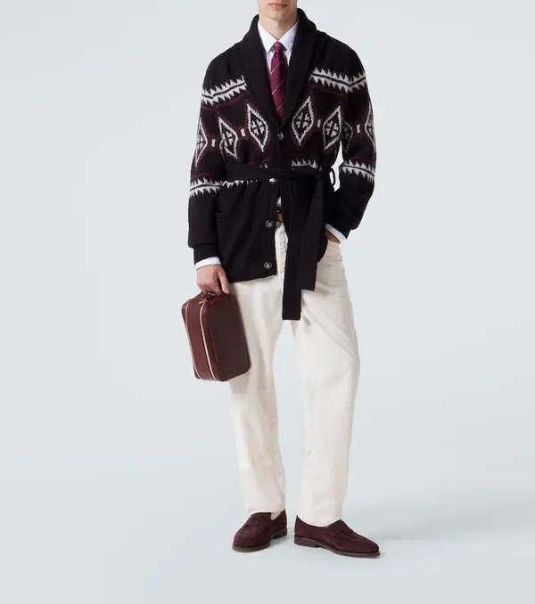 Brunello Cucinelli Jacquard Wool, Silk, And Cashmere Shawl Collar Cardigan