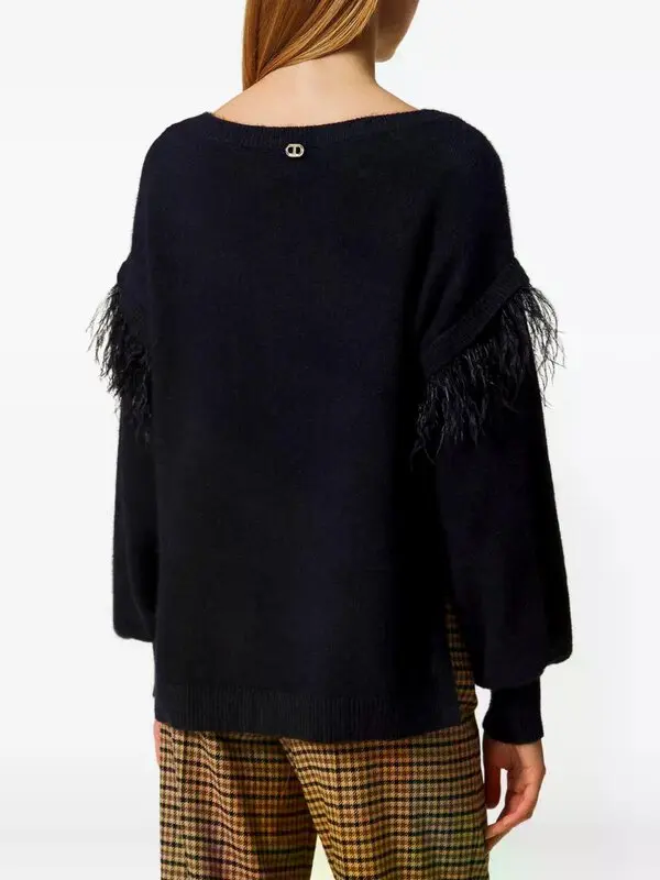 TWINSET Feather-trimmed Round Neck Sweater - Black