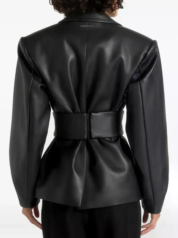 Manière De Voir Vegan Leather Twist Sleeve Belted Blazer