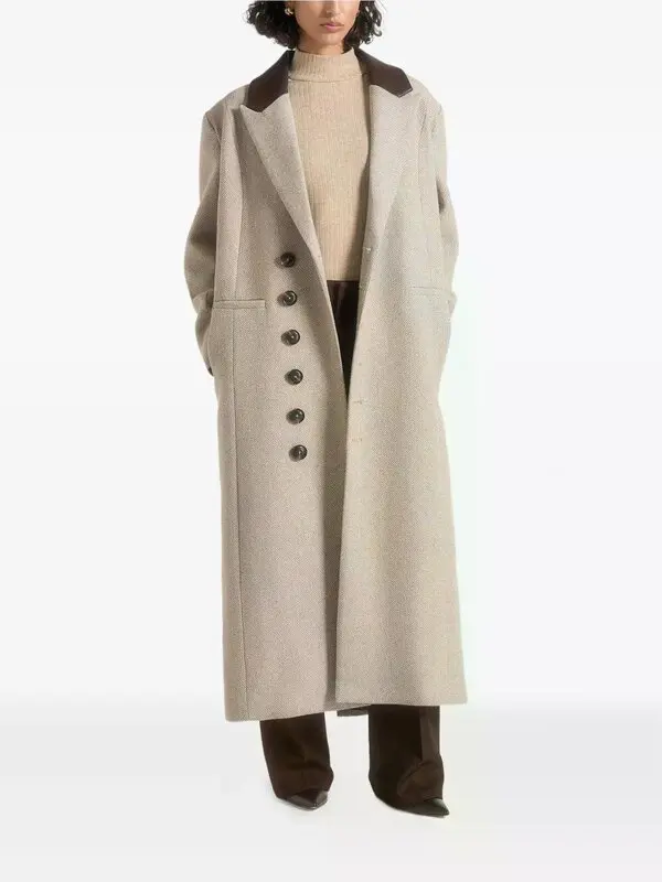 Manière De Voir Maniere De Voir Herringbone Oversized Wool Blend Coat With Leather Collar