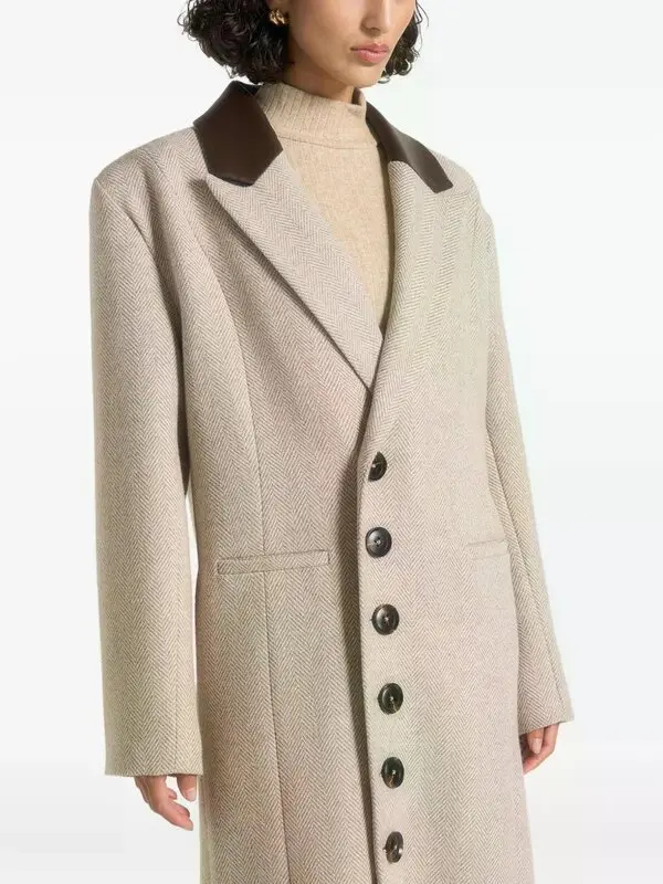 Manière De Voir Maniere De Voir Herringbone Oversized Wool Blend Coat With Leather Collar