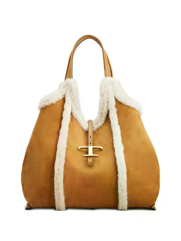 TOD'S Shearling-trimmed T-buckle Shoulder Bag - Brown