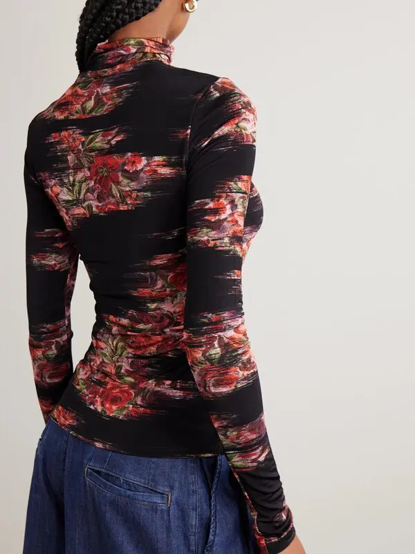 GANNI Floral-print Stretch-jersey Turtleneck Top