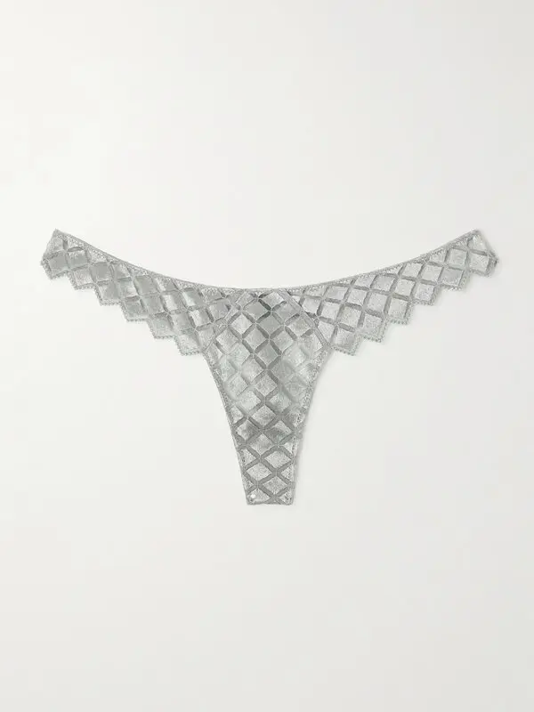 Kiki De Montparnasse Lamine Embroidered Stretch-silk Tulle Thong - Silver