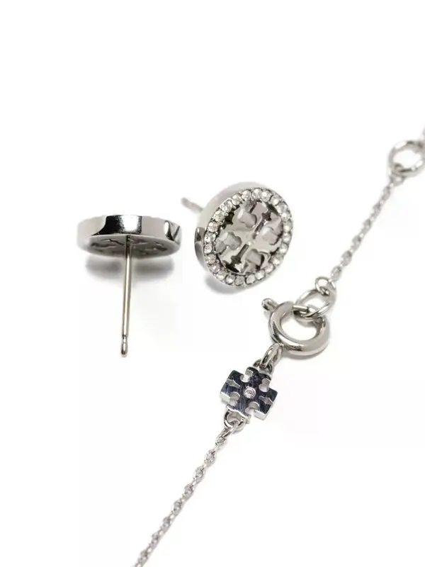 Tory Burch Crystal-embellished Logo Necklace And Stud Earrings Set - Silver