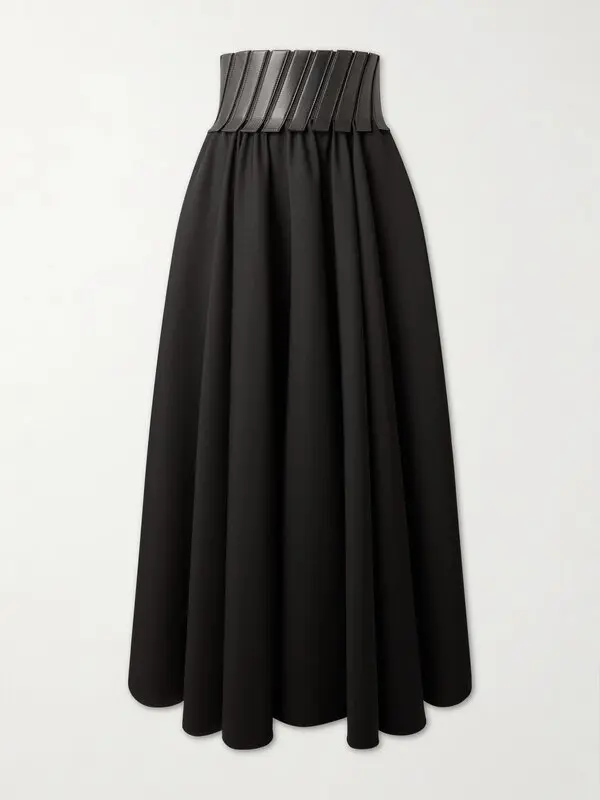 Alaïa Leather-trimmed Wool-gabardine Midi Skirt