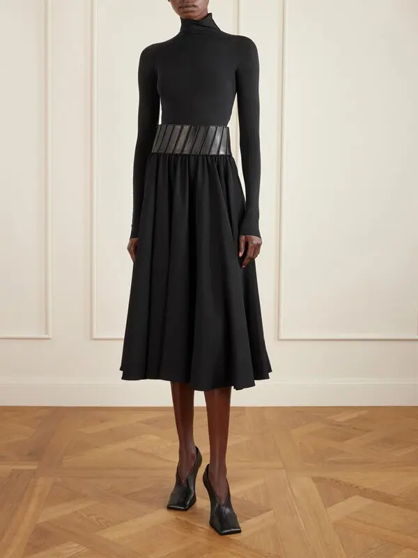 Alaïa Leather-trimmed Wool-gabardine Midi Skirt