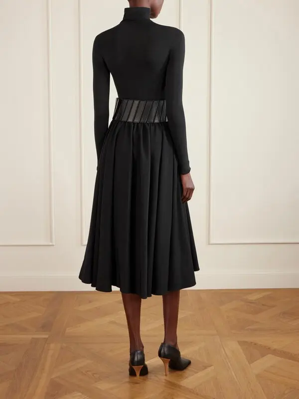Alaïa Leather-trimmed Wool-gabardine Midi Skirt