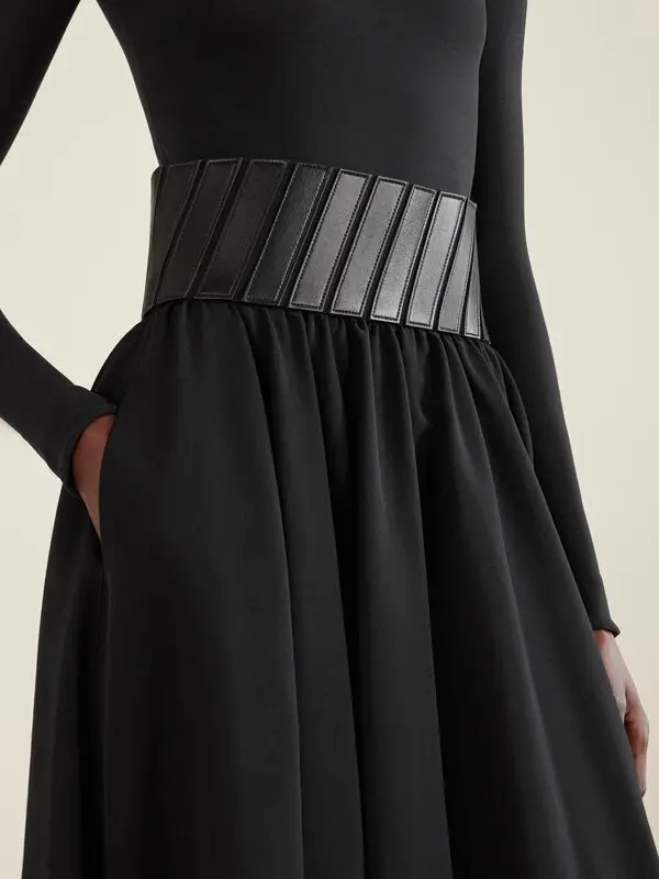 Alaïa Leather-trimmed Wool-gabardine Midi Skirt