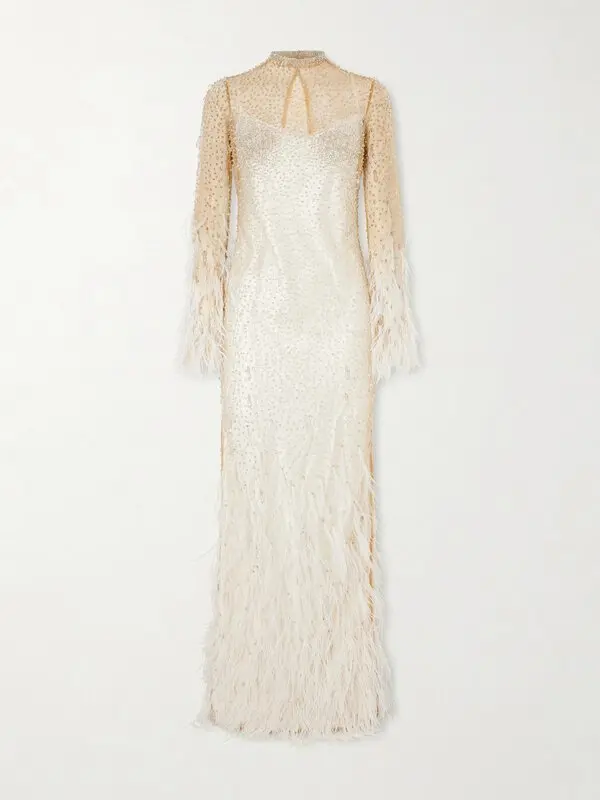 CLIO PEPPIATT Mia Embellished Feather-trimmed Tulle Gown - Neutrals