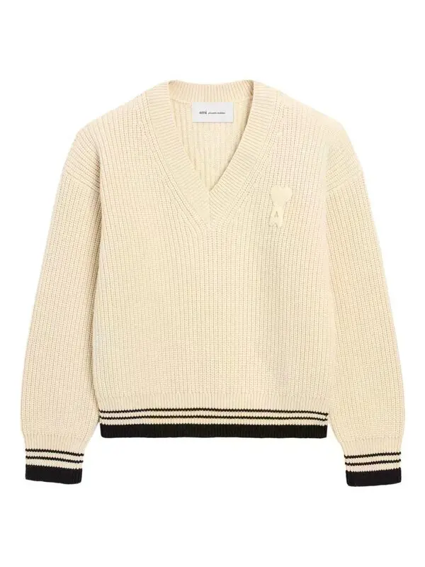 AMI Paris Ribbed Wool V-neck De Coeur Sweater
