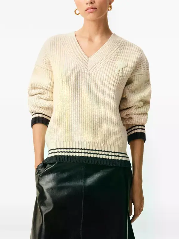 AMI Paris Ribbed Wool V-neck De Coeur Sweater