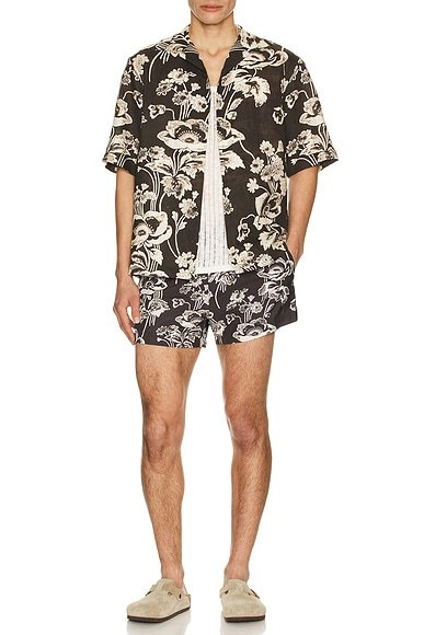 Commas Painted Peonies Short Swim Short - Black