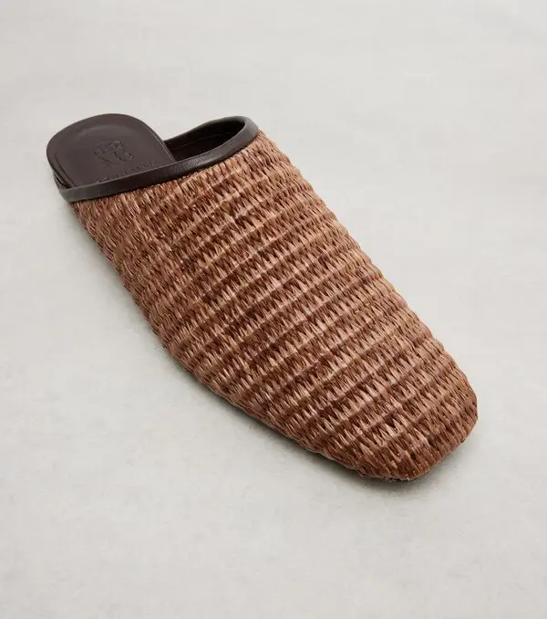 Brunello Cucinelli Raffia Mules With Leather Trim