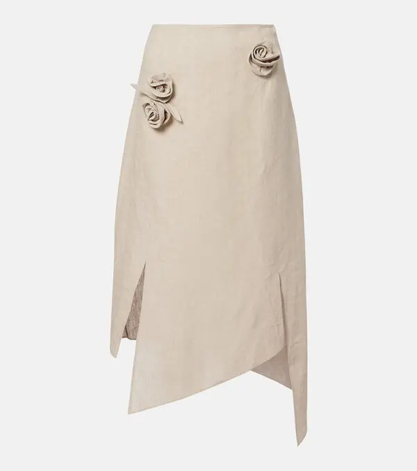 Coperni Floral Appliqué Asymmetric Linen Midi Skirt - Beige