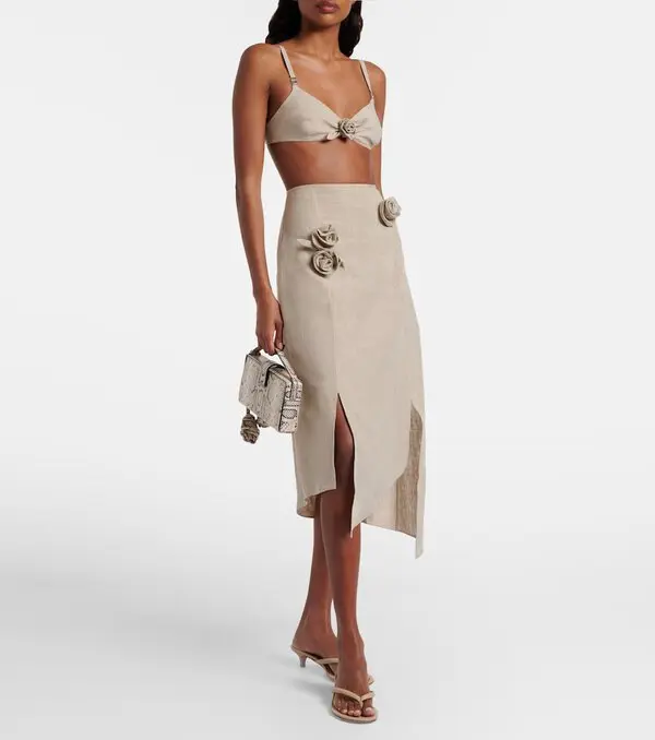 Coperni Floral Appliqué Asymmetric Linen Midi Skirt