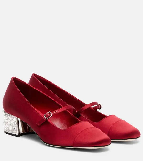 JIMMY CHOO Elisa 45 Embellished Satin Mary Jane Pumps - Red